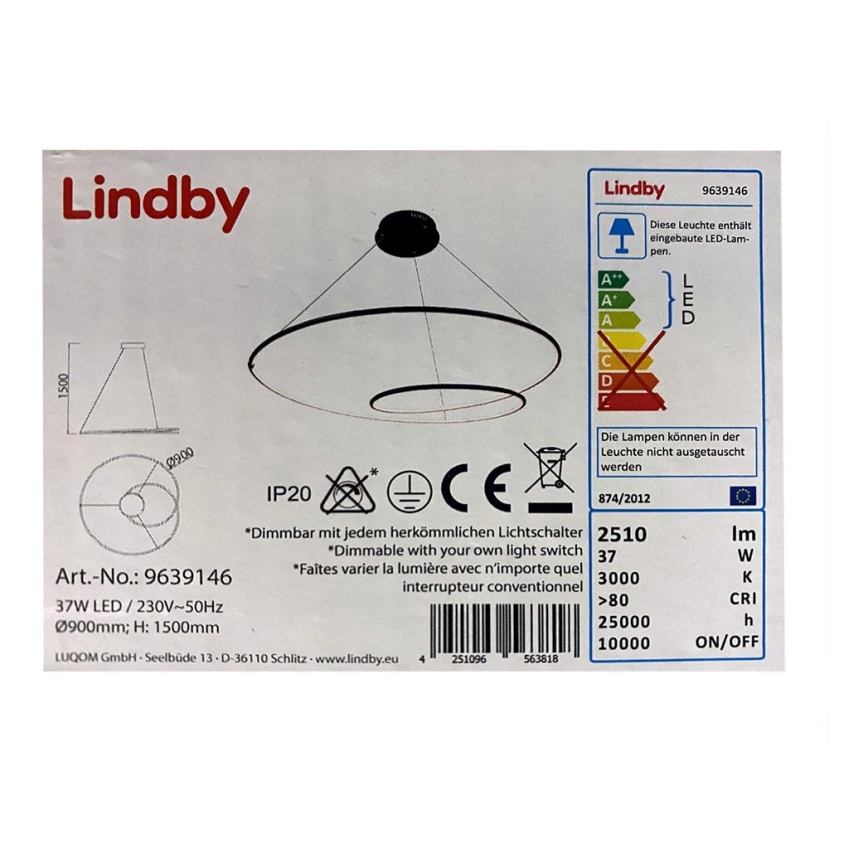 Lindby - Dimmbare LED-Hängeleuchte an Schnur LUCY LED/37W/230V ...