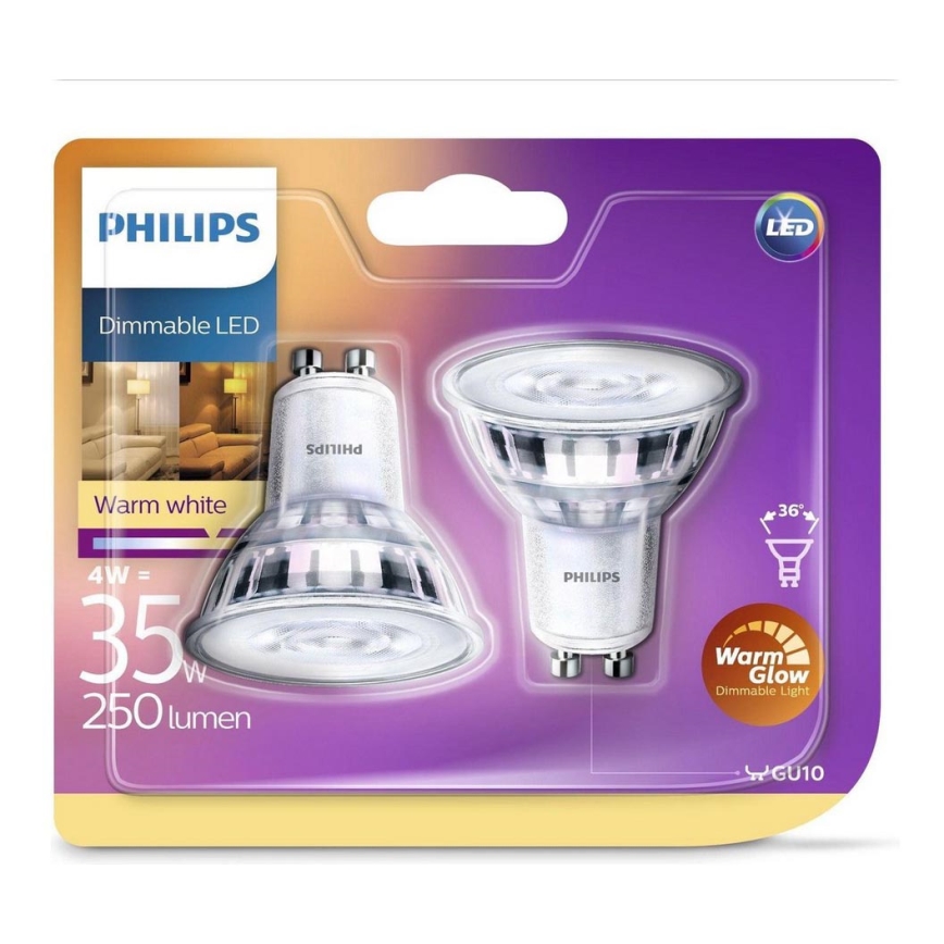 Pack 2x Dimmbare Led Glühbirne Philips Warm Glow Gu10 4w 230v 2200k