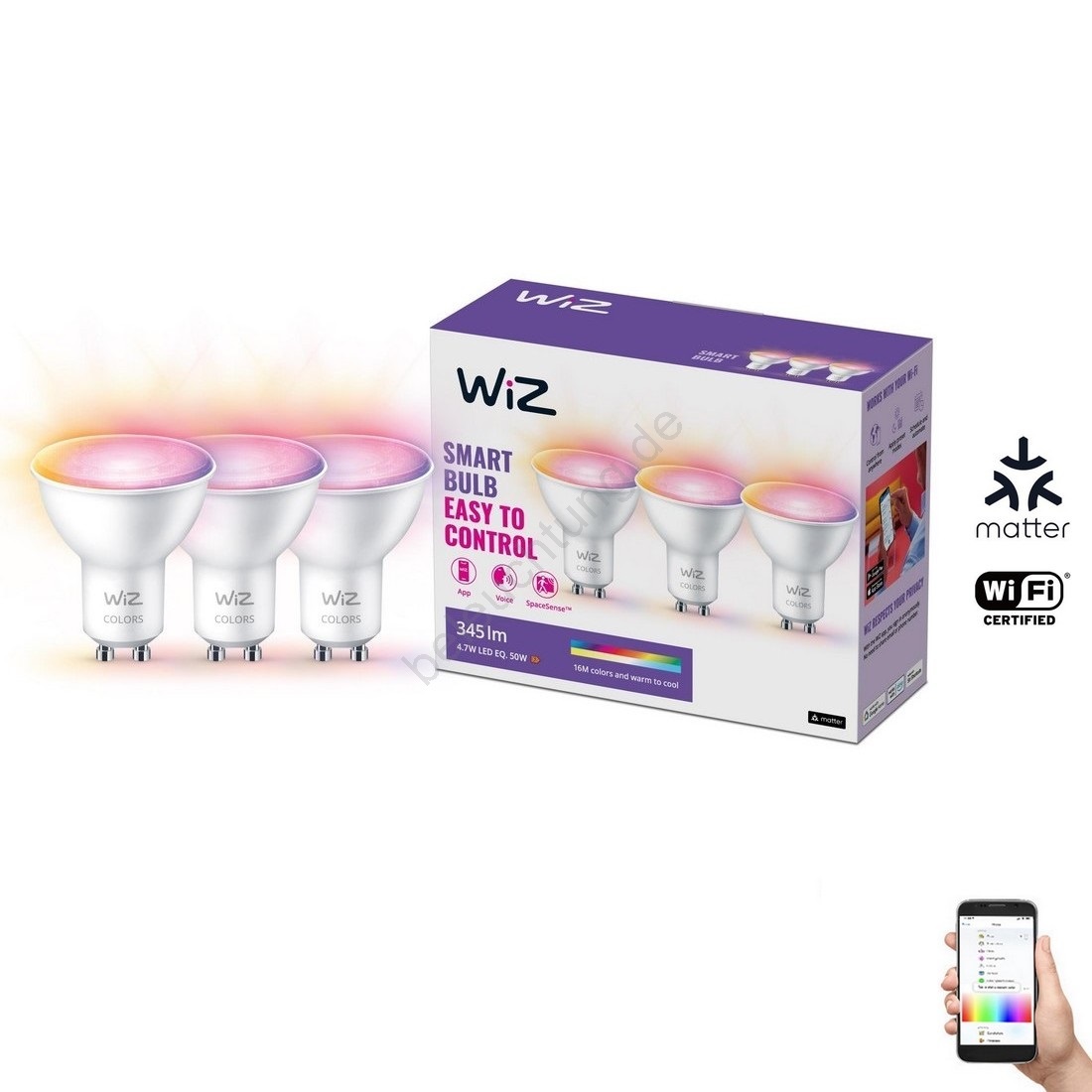 SET 3x Dimmbares LED-RGBW-Leuchtmittel GU10/4,7W/230V 2200-6500K CRI 90 Wi-Fi -WiZ | Beleuchtung.de